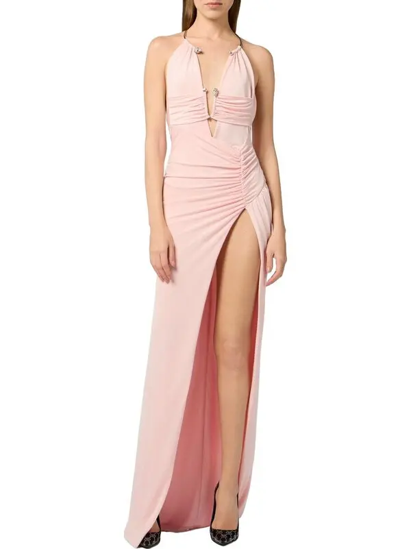 Philipp Plein Halterneck Ruched Maxi Dress With High Slit - Fuchsia