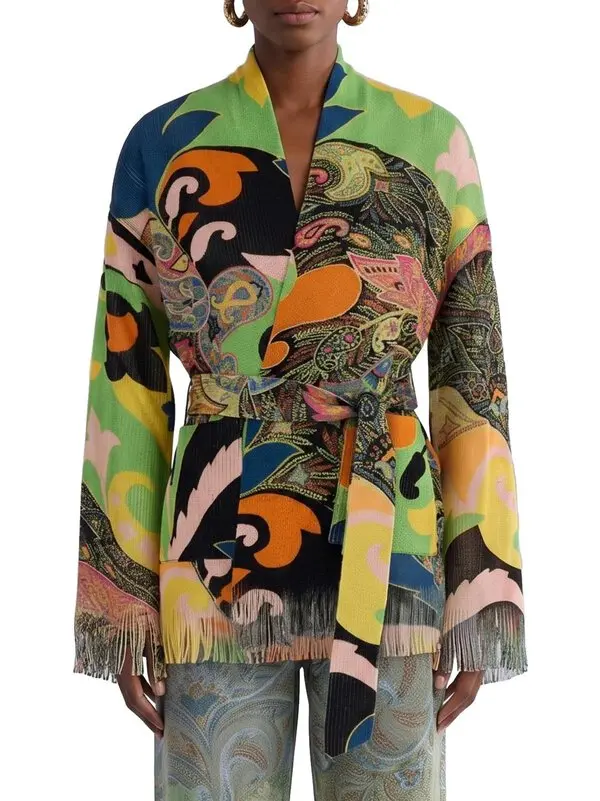 Etro Robe-style Viscose Cardigan With Ethnic Pattern And Fringed Hem - Multicolor