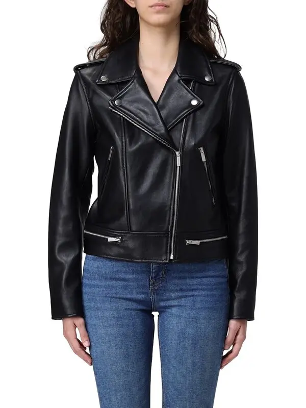 TWINSET Leather Biker Jacket With Asymmetrical Zip And Shoulder Epaulettes - Black