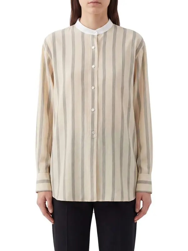 THE ROW Striped Shirt With Band Collar - White