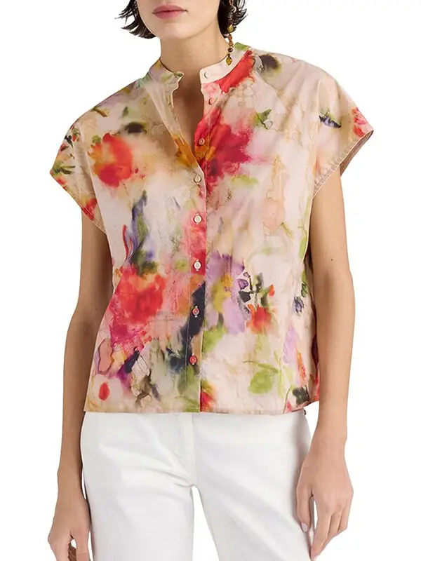 Momoni Floral Print Cotton Shirt With Mandarin Collar - Multicolor
