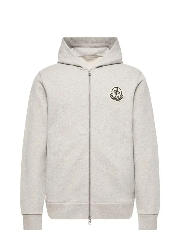 Moncler Full Zip Cotton Hoodie With Logo Patch - Grey