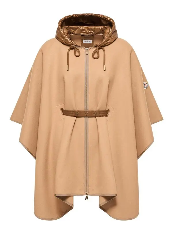 Moncler Padded Wool Blend Cape With Hood - Beige