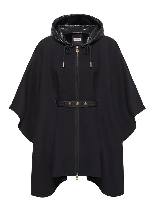 Moncler Padded Wool Blend Cape With Hood And Belt - Blue