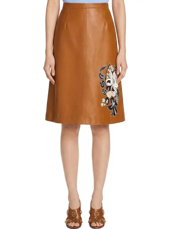 Marni High-waisted A-line Leather Mini Skirt With Embroidered Details - Rust