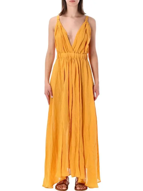 120% Lino Halter Neck Midi Dress With Slit - Orange