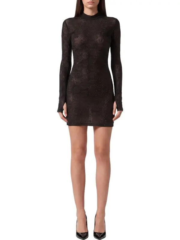 Philipp Plein Embellished Sheer Long Sleeve Mini Dress - Black