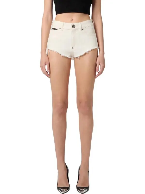 Philipp Plein Denim Shorts With Raw Hem - White