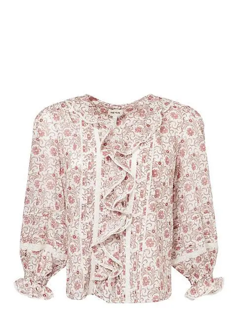 ME+EM Bloom Print Cotton Ruffle Blouse - Light Cream/multi