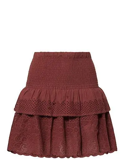 ME+EM Shirred Broderie Cotton Mini Skirt - Cinnamon Brown