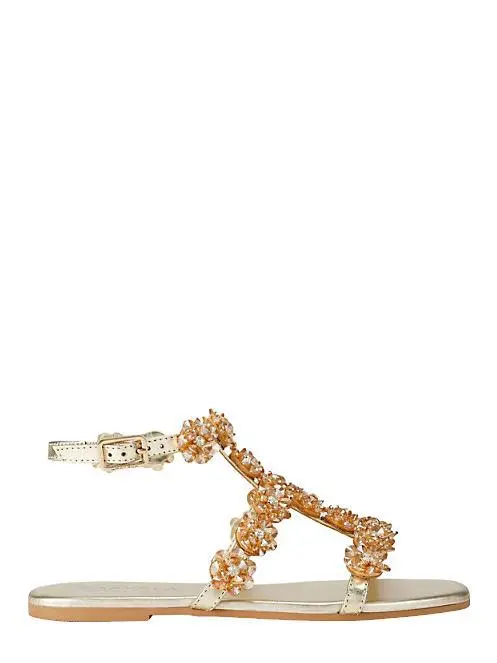 Carvela Organza Leather Embellished Flower Strappy Flat Sandals - Gold