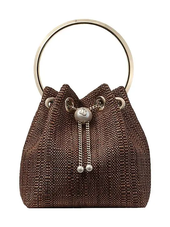 JIMMY CHOO Raffia Bucket Bag With Metal Bracelet Handle - Tan/light Gold