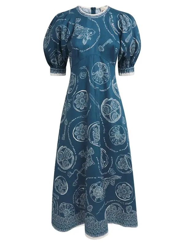ALEMAIS Alemas Printed Linen Midi Dress - Blue