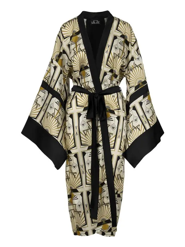 VAZAF Geometric Print Satin Kimono - Black