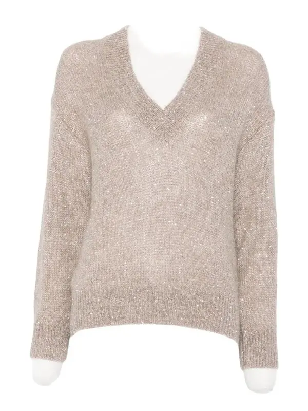 Brunello Cucinelli V-neck Sequin Embellished Wool Blend Sweater - Grey