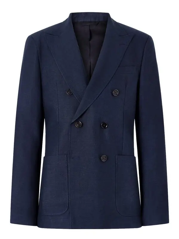 Oliver Peoples Double-breasted Linen, Virgin Wool And Cotton-blend Suit Jacket - Blue