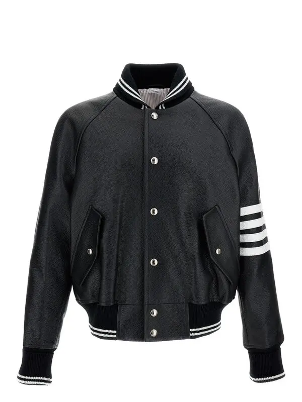 Thom Browne Oversized Leather Bomber Jacket With 4-bar Stripe Detail - Multicolor