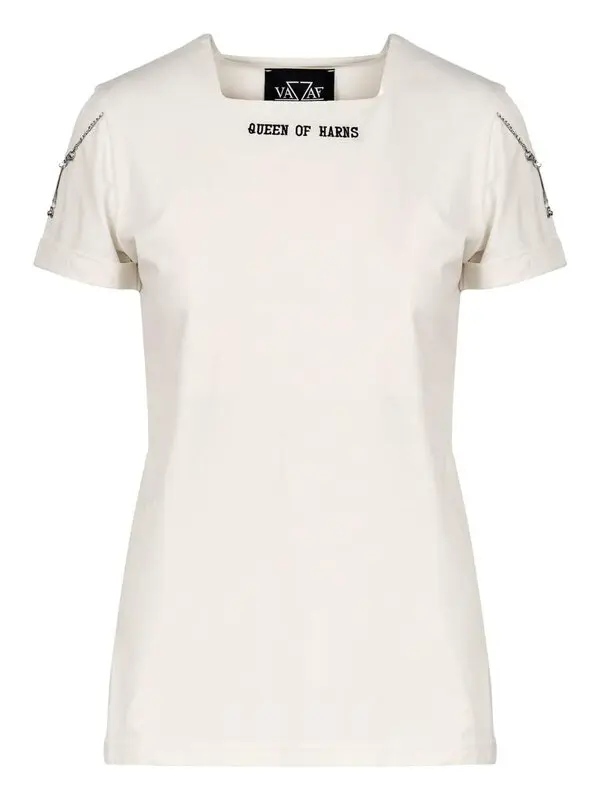 VAZAF Oversized Square Neck T-shirt With Metallic Chain Embellishment - White