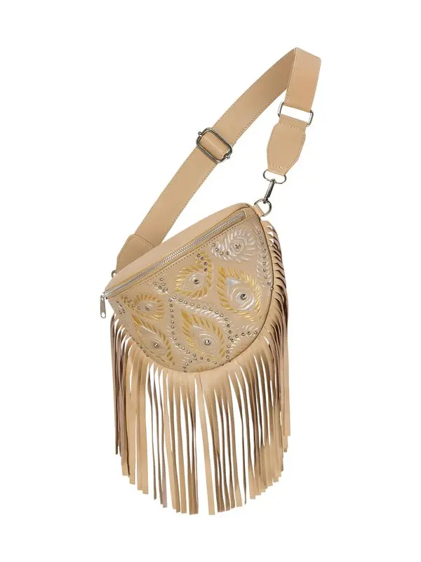 JODI LEE Grace Stud Belt Bag In Ivory With Peacock Feather Design - Gold/silver