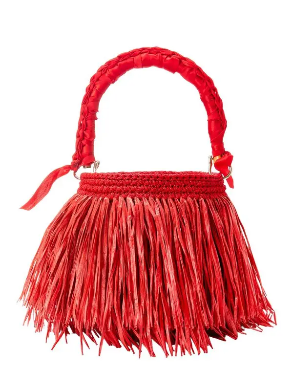 SPEIRA Raffia Bucket Bag With Bamboo Handle And Fringe Detail - Red