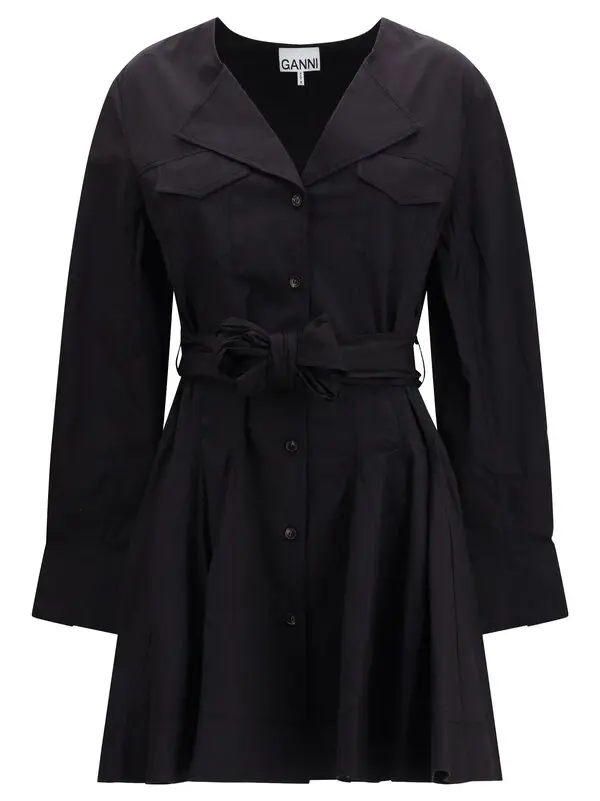 GANNI Short Shirt Dress With Belt - Black