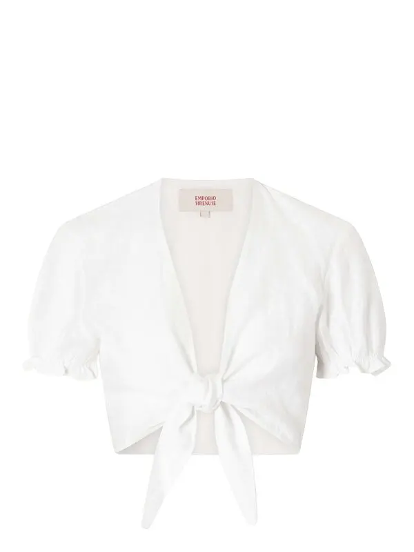 EMPORIO SIRENUSE Linen Cropped Top With Knot Detail - White