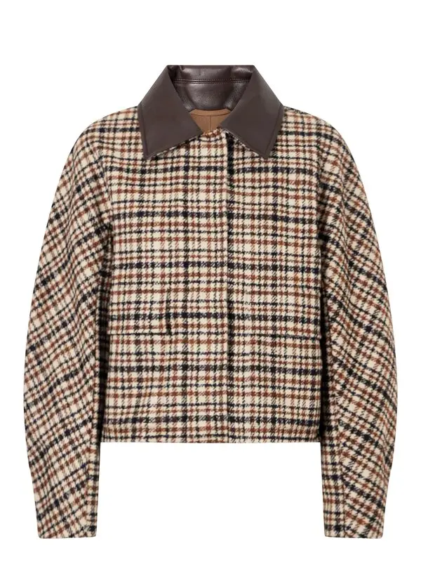 Brunello Cucinelli Checked Wool-blend Jacket With Leather Trim - Brown