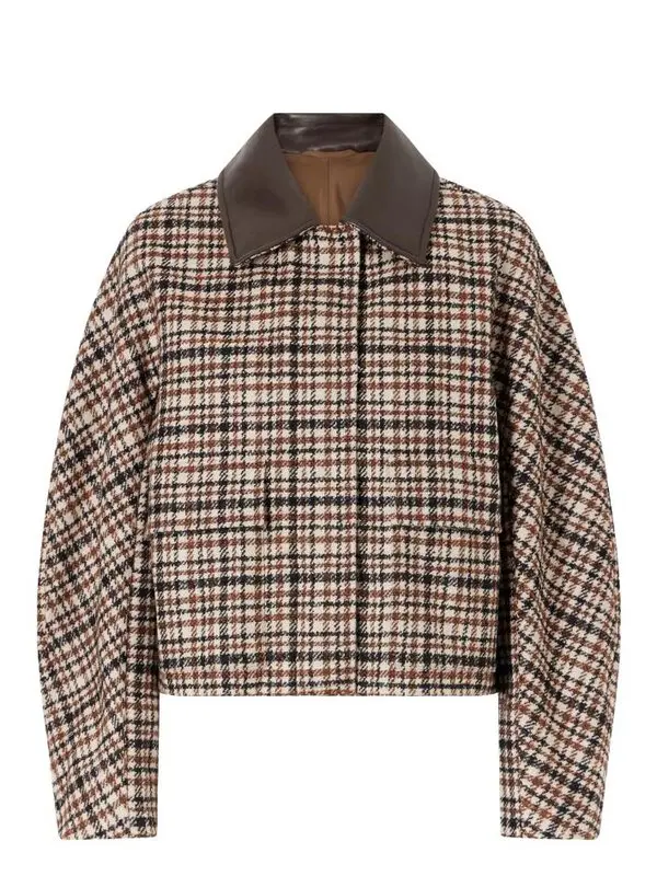 Brunello Cucinelli Checked Wool-blend Jacket With Leather Trim - Brown