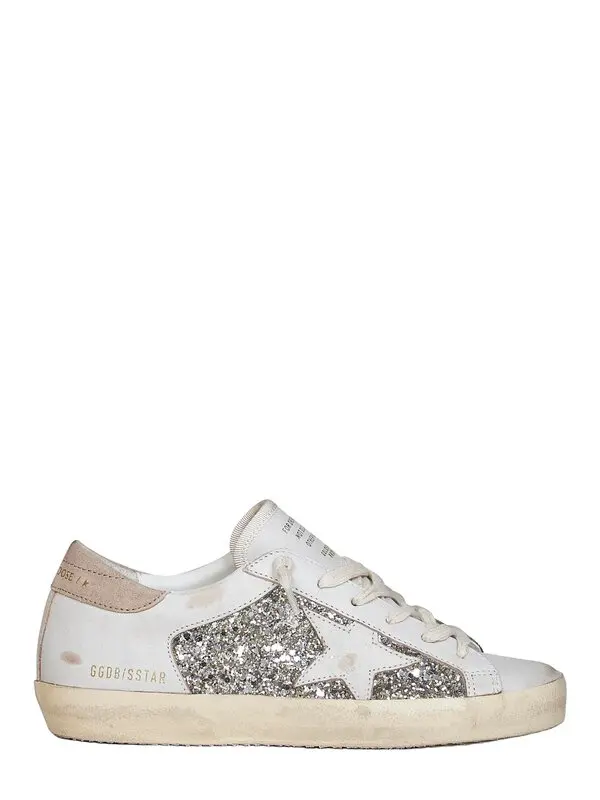 GOLDEN GOOSE White Leather And Platinum Glitter Super-star Sneakers - Multicolor