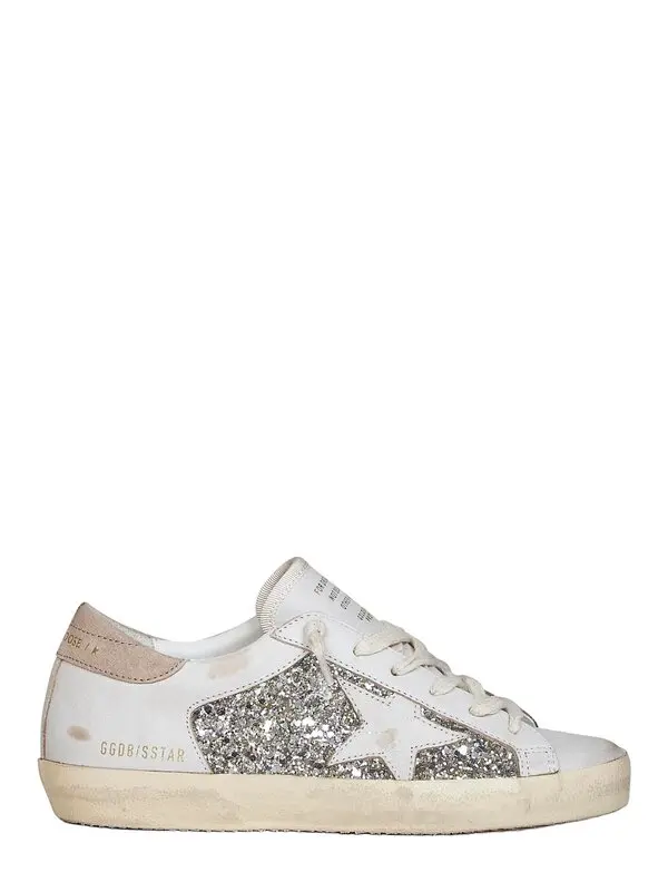 GOLDEN GOOSE White Leather And Platinum Glitter Super-star Sneakers - Multicolor