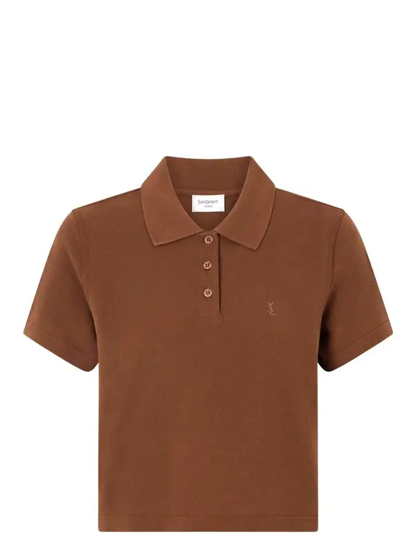 Saint Laurent Cassandre Embroidered Cropped Cotton-piqué Polo Shirt - Brown