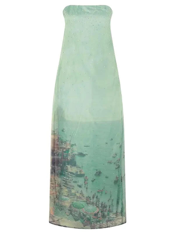 Staud Amara Strapless Printed Organza Maxi Dress With Crystal Embellishments - Turquoise