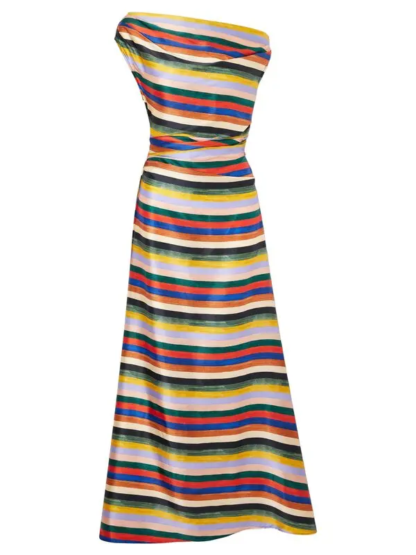 Staud Phare One-shoulder Draped Striped Silk-blend Satin Maxi Dress - Multi