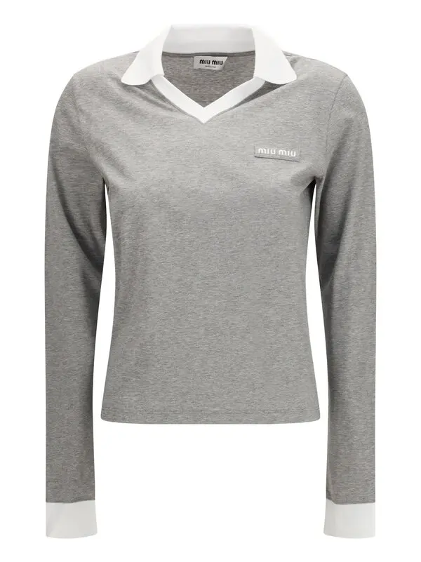 Miu Miu Long-sleeved Cotton T-shirt With Polo Collar - Grey