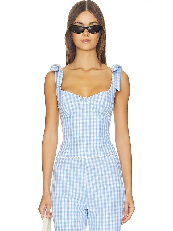 Majorelle Viviana Gingham Sweetheart Top With Self-tie Straps - Blue & White Gingham