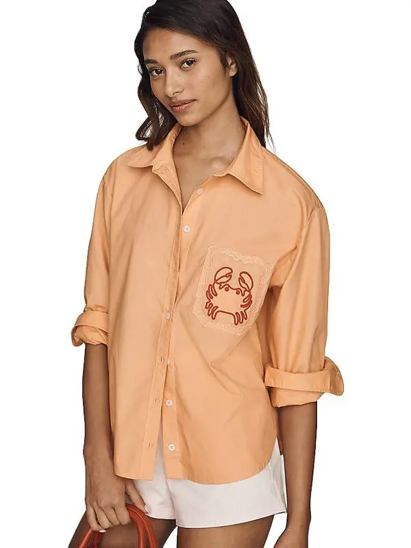 Maeve Novelty Crab Embroidered Button-down Shirt - Orange Crab Pocket