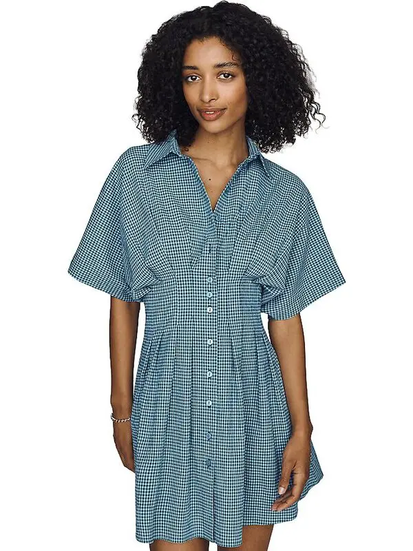 EXQUISE Tobie Mini Shirt Dress With Exaggerated Sleeves - Blue/green Gingham