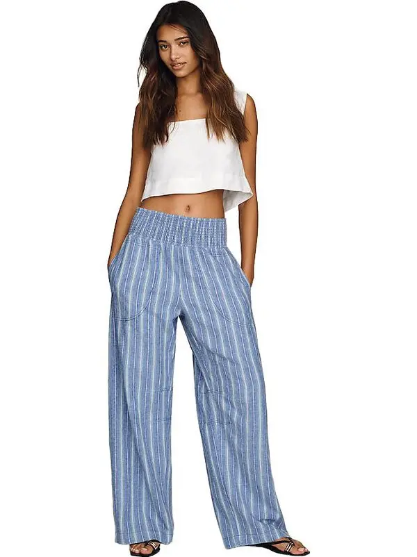 PILCRO Linen Blend Barrel Leg Striped Pants - Blue Stripe