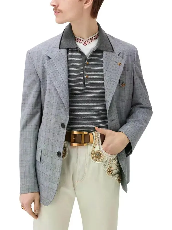 Versace Jacquard Cotton-blend Knit Polo - Grey