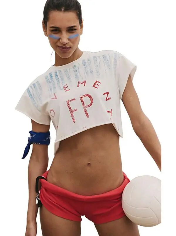 Free People Hot Shot Graphic Cropped Tee - Ivory Combo Stamp Graphic