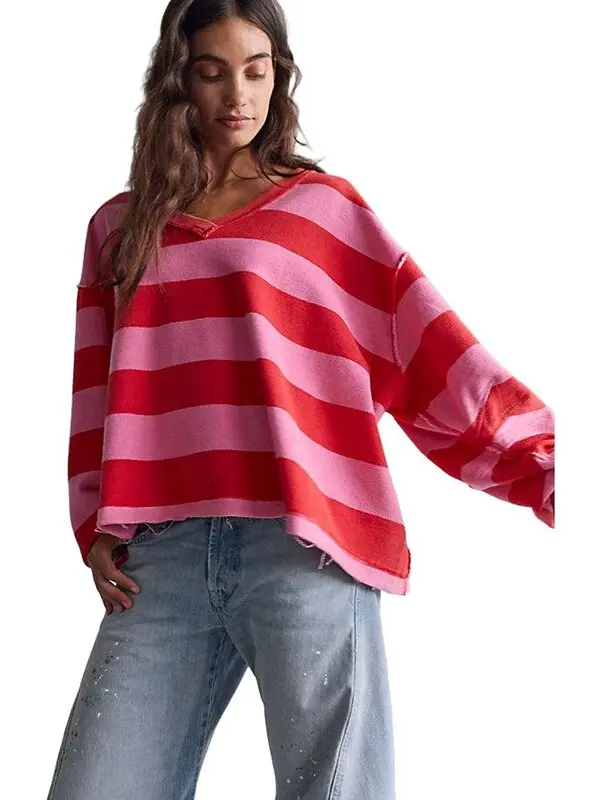 Free People We The Free Venice V-neck Striped Sweatshirt - Poppy Red Combo