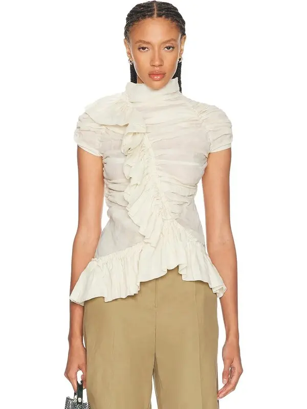 Dries Van Noten Asymmetrical Ruffled Mock Neck Shirt - Ivory