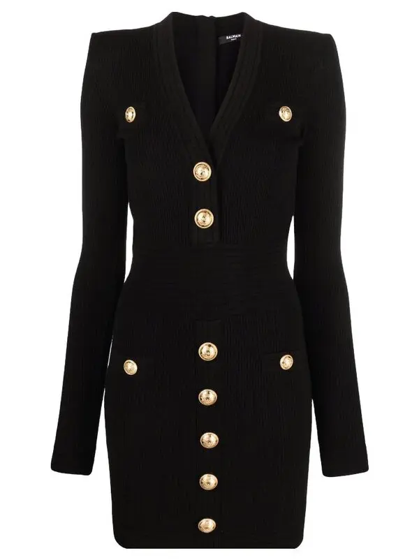 Balmain Logo Button Ribbed Mini Dress - Black