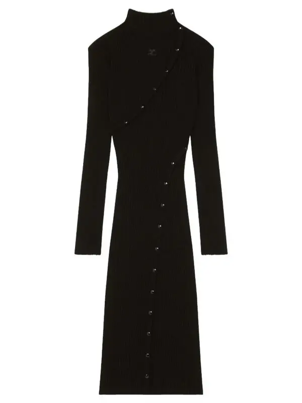COURREGES Ribbed Knit Dress With Asymmetrical Buckle Detail - Black