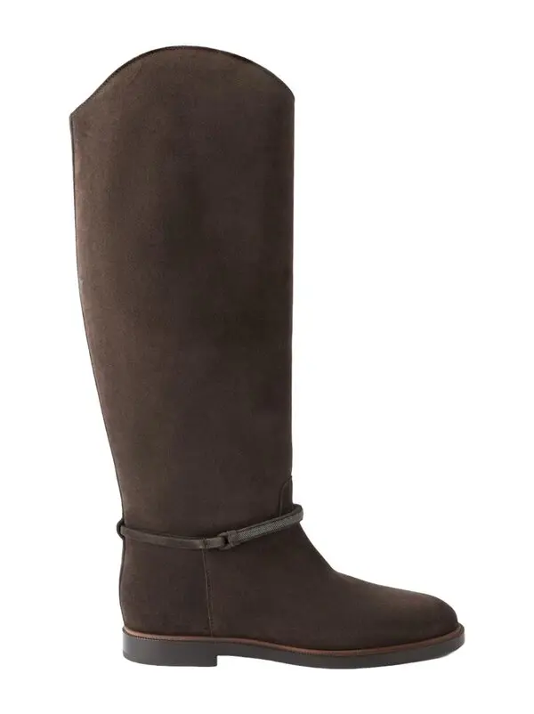 Brunello Cucinelli Knee High Suede Boots With Monili Embellishment - Chocolate-colored