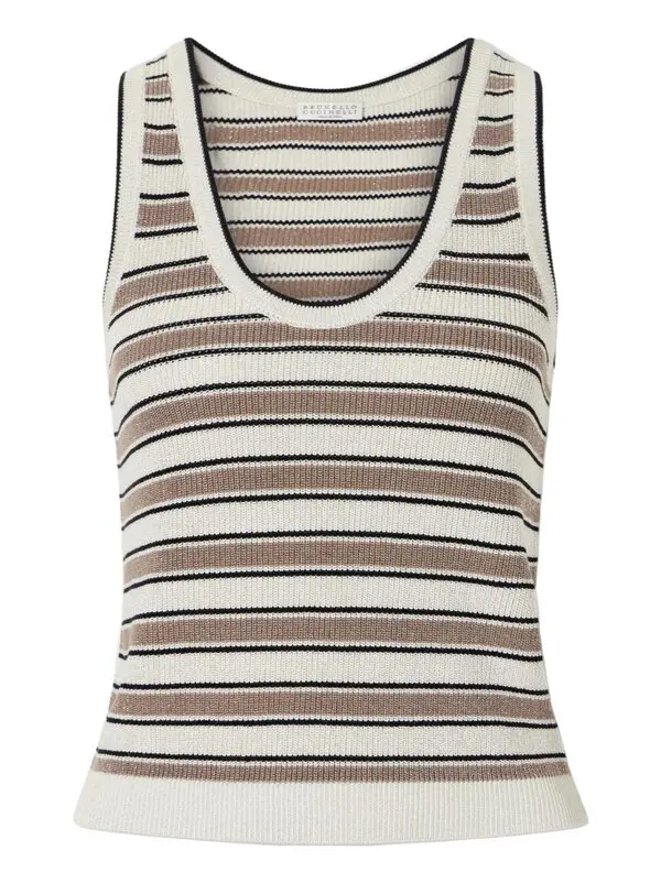 Brunello Cucinelli Cotton Knit Top With Sparkling Stripes - Beige