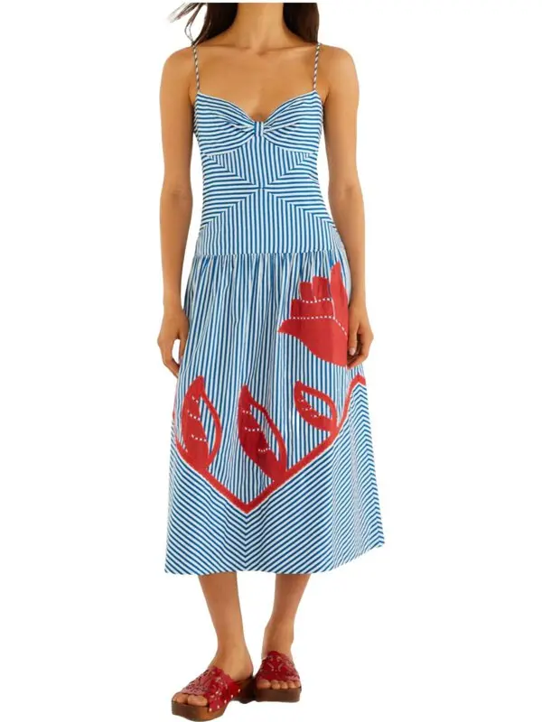 Farm Rio Striped Midi Dress With Applique Detail - Blue