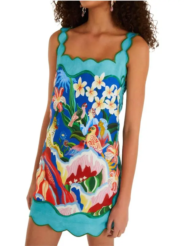 Farm Rio Sleeveless Printed Dress With Wavy Hem - Multicolor