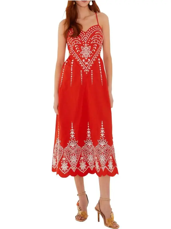 Farm Rio Slip Dress With Criss-cross Open Back And Patterned Skirt - Red