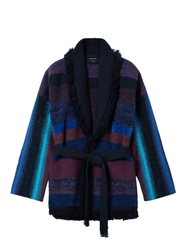 GIORGIO ARMANI X ALANUI Belted Cardigan With Fringed Trim - Blue